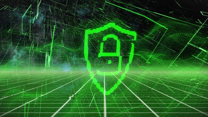 Digital Animation of Green Shield with Lock Over Data Lines and Grid ...