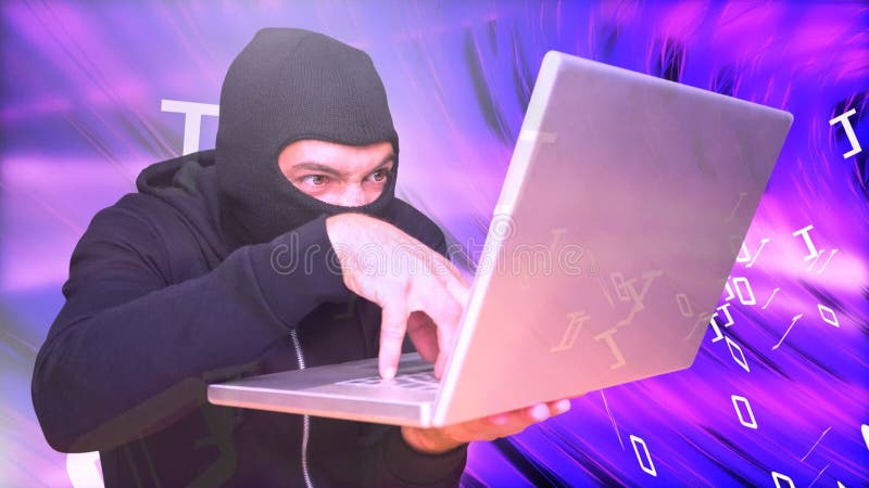 Digital Animation of Hacker Using Laptop Against Bright Purple ...