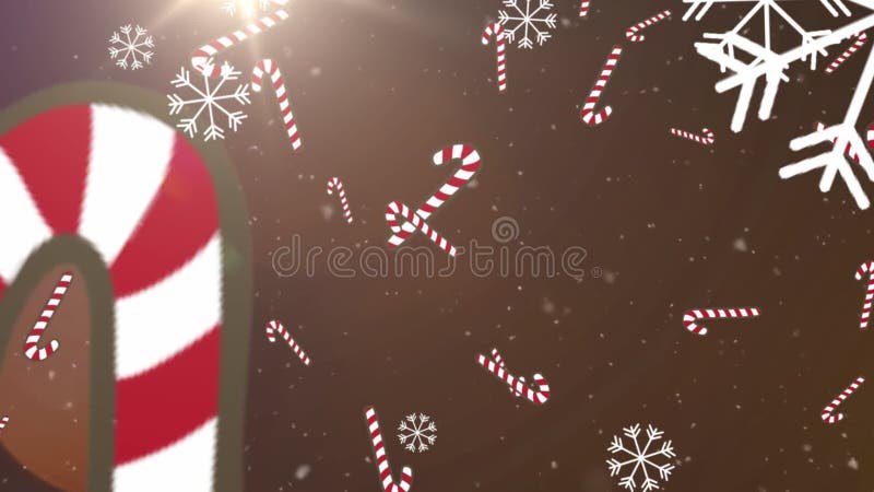 Multiple Candy Icons Cane Falling and Snowflakes Floating Against Spot ...