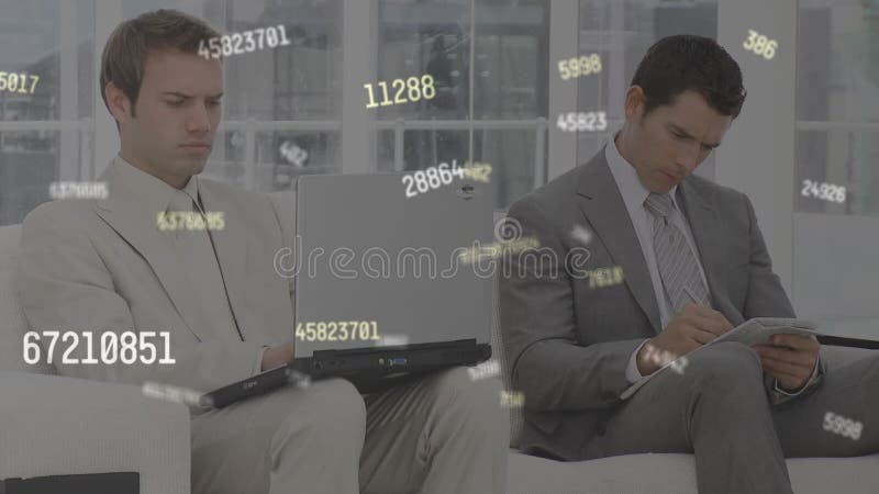 Digital Animation of Multiple Changing Numbers Floating Against Two Business Using Laptop and ...