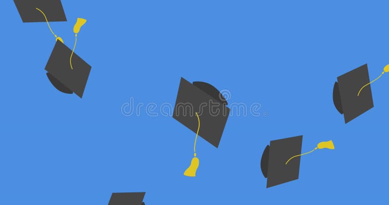 Multiple Graduation Hat and Diploma Icons Falling Against Blue ...