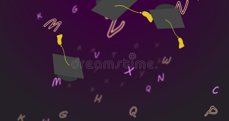 Multiple Graduation Hat and Diploma Icons Falling Against Blue ...