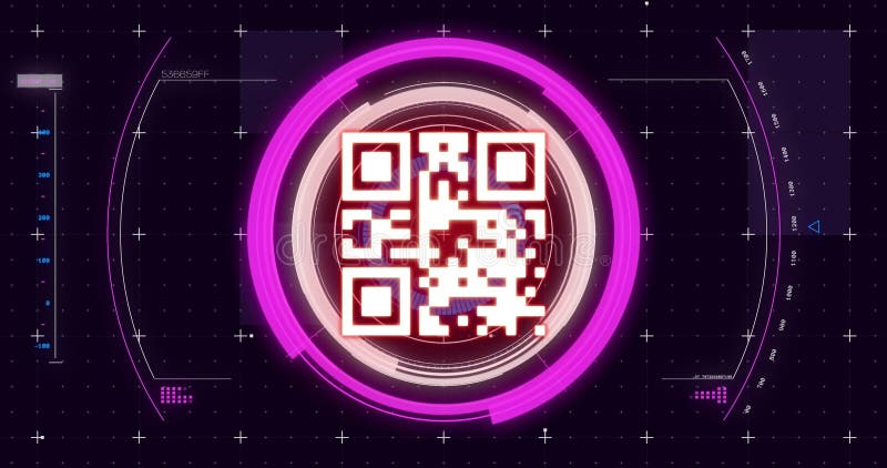 Digital Animation of Qr Code Scanner Over Neon Round Scanner on Blue ... Digital Animation of Qr Code Scanner Over Neon Round Scanner on Blue ...