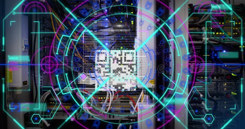 Digital Animation of Qr Code Scanner Over Round Neon Scanner Against ...