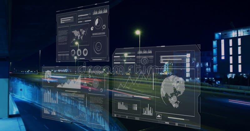 Digital Animation Showing Data Dashboards Over Nighttime Cityscape with ...