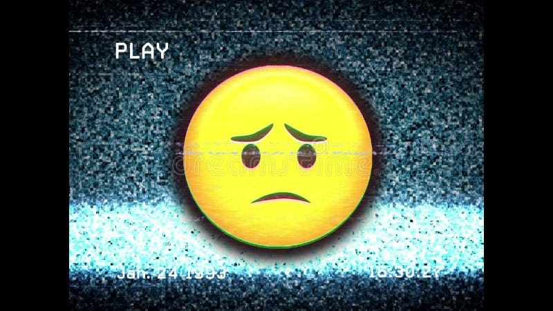 Digital Animation of Vhs Glitch Effect Over Sad Face Emoji Against Tv ...