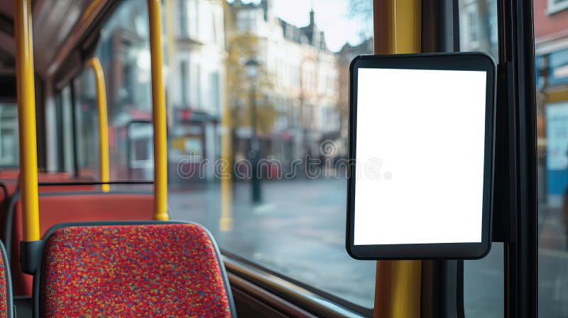 Digital Announcement Display Inside a Bus with Empty Seats and Urban ...