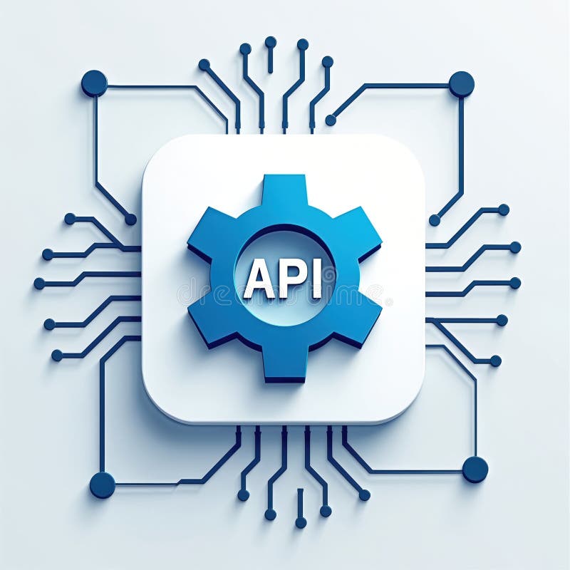 Digital API Technology Concept with Blue Gear Icon Showing API Text, Circuit Lines. Represents ...