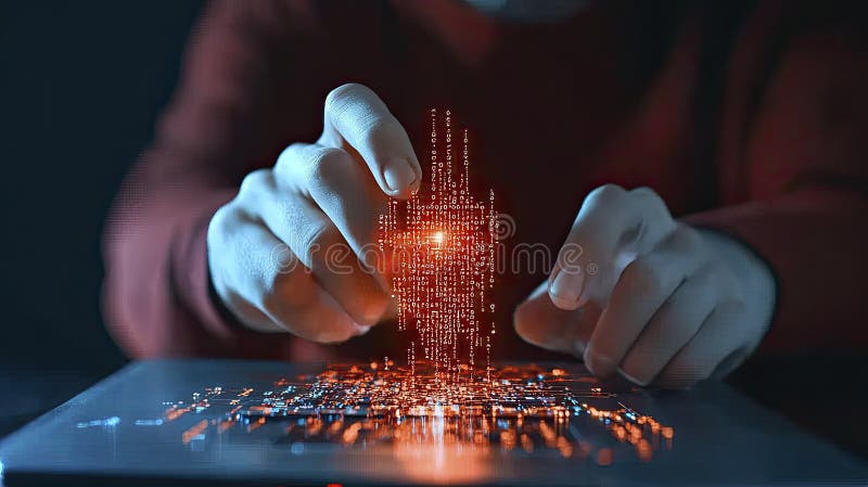 Digital Architect: Hands Shaping Glowing Binary Code on Circuit Board Stock Illustration ...