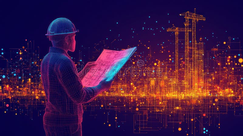 Digital Architect Reviewing Blueprint of Futuristic City Stock ...