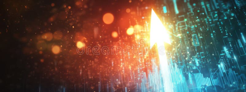 Digital Arrow Pointing Upward among Colorful Light Patterns and Data ...