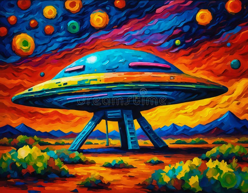 Digital Art, Abstract Sci-fi Landscape with Planet, Deco Ufo Alien on ...