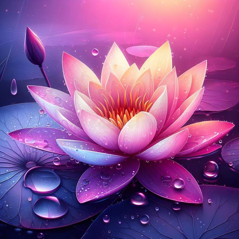 Digital Art of a Beautiful Lotus Flower with Waterdrops Stock ...