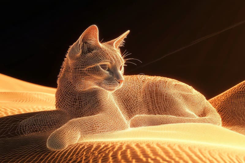 Digital Art of a Cat in Wireframe Style with Warm Lighting and Abstract ...