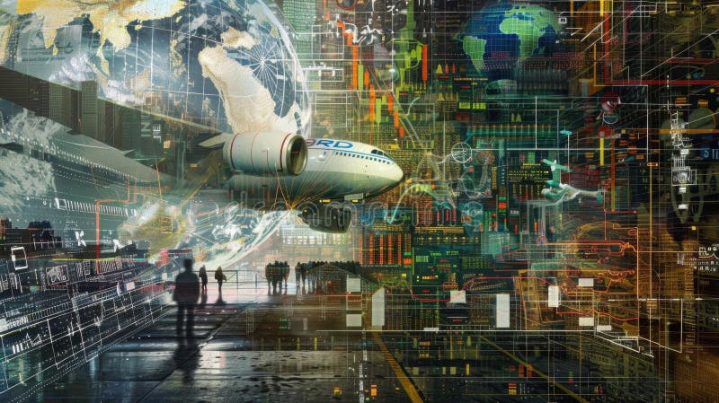 Digital Art Collage, Airplane, Cityscape, and Global Networks Stock ...