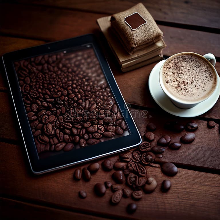 Digital Art of Computer Tablet on Table with Coffee and Coffee Beans ...