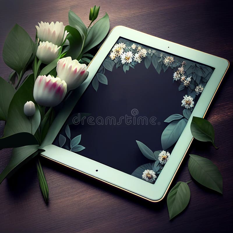 Digital Art Computer Tablet on Table with Flowers Stock Illustration ...