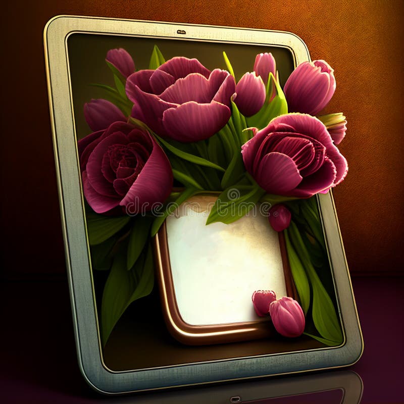 Digital Art Computer Tablet on Table with Flowers Stock Illustration ...