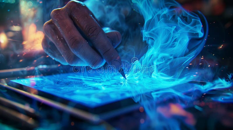 Digital Artist Hand Drawing Blue Abstract Design Smoke Vivid Paint ...
