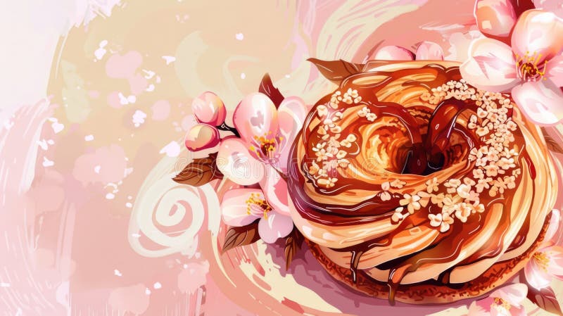 Digital Art of Delicious Pastry with Cherry Blossoms Stock Illustration ...