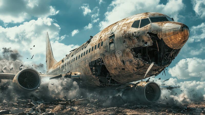 Digital Art Depicting a Crashed Airplane with Pixelated Damage Amidst ...