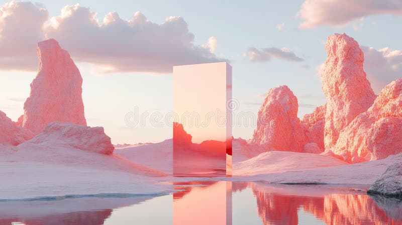 Digital Art Depicting a Desert Sunset Reflected in a Mirrored Cube ...
