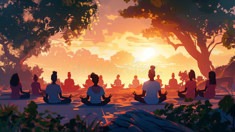 Digital Art Depicting a Diverse Group Practicing Meditation Outdoors ...