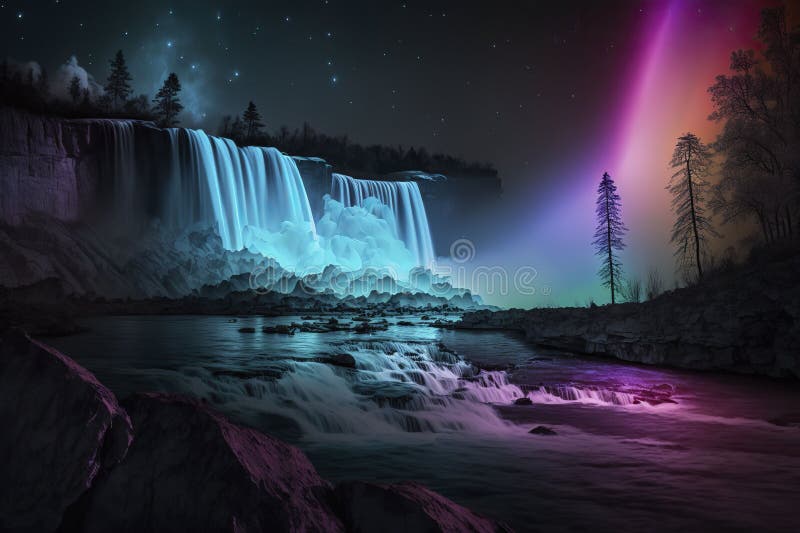 Digital Art Depicting a Neon Waterfall. Water Illuminated by ...