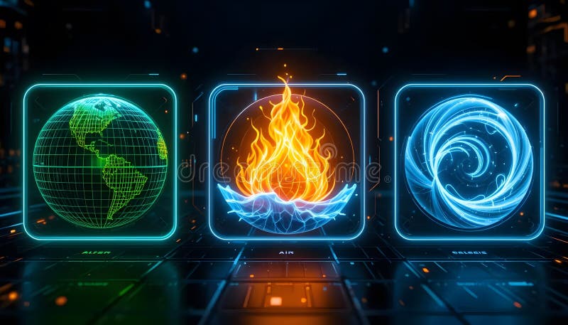 Digital Art: Earth, Fire, Water Elements Neon Glow Futuristic Interface ...