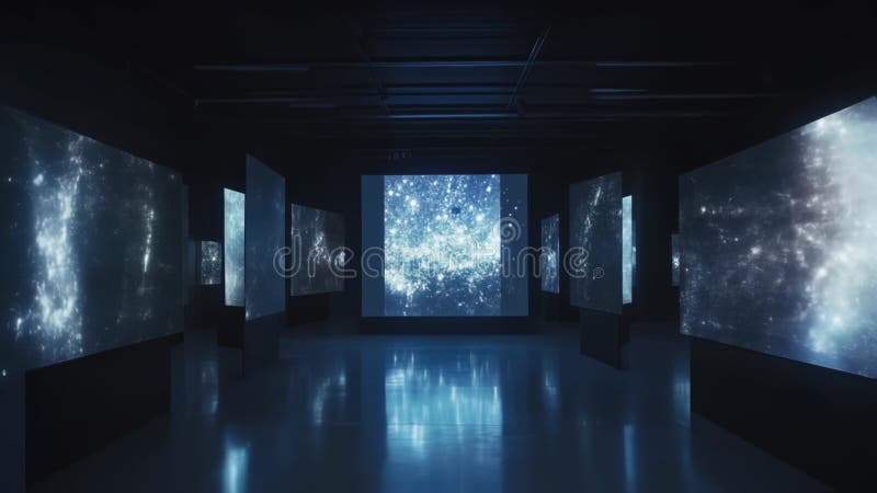 Camera Moving through Immersive Digital Art Gallery Showing Galaxies ...