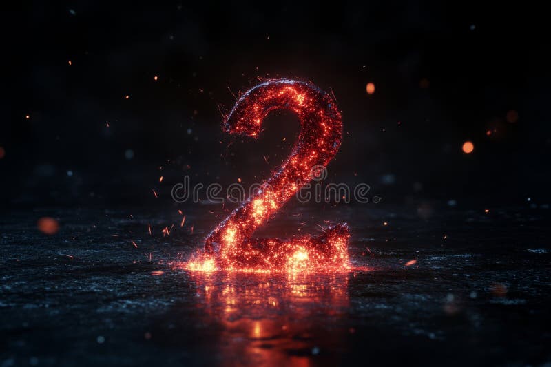 Digital Art Featuring a Fiery Number Two, Dark Background, Sparks, and ...