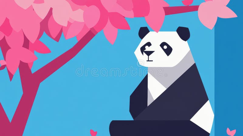 Digital Art Featuring a Panda Surrounded by Pink Blossoms Under a ...