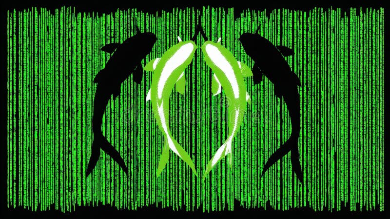 Digital Art of Fish in Heart Shape with Binary Code Background in Green ...