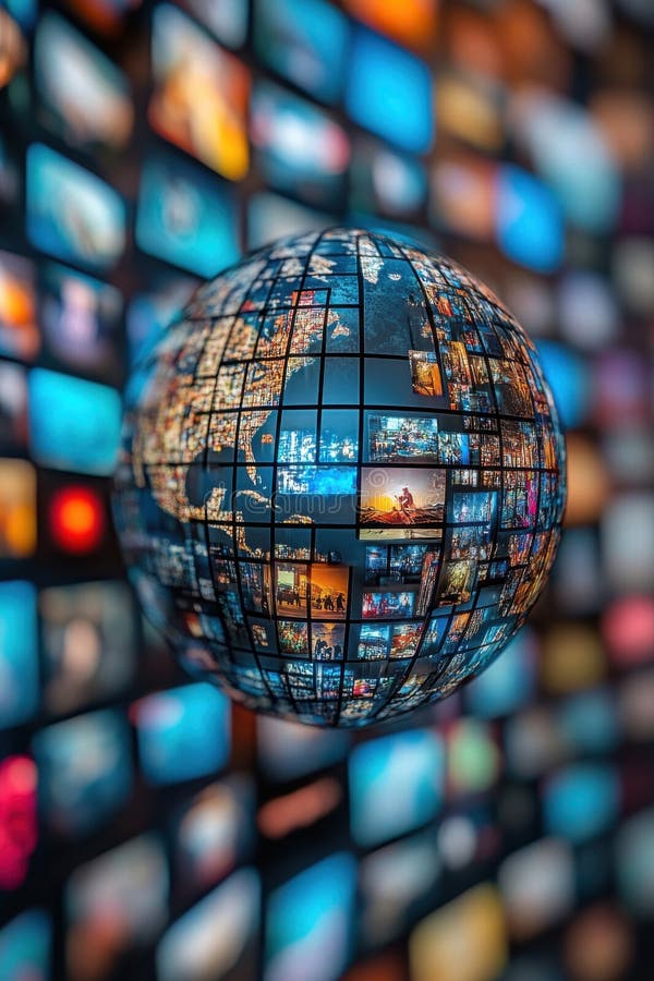 Digital Art Globe Surrounded by Multitude of Bright Multimedia Screens ...