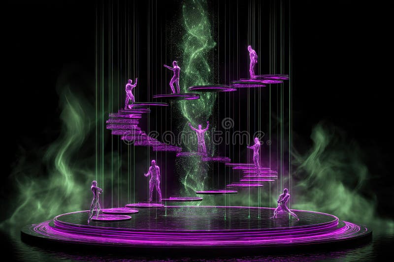 Digital Art of Glowing Figures on Illuminated Spirals Surrounded by ...