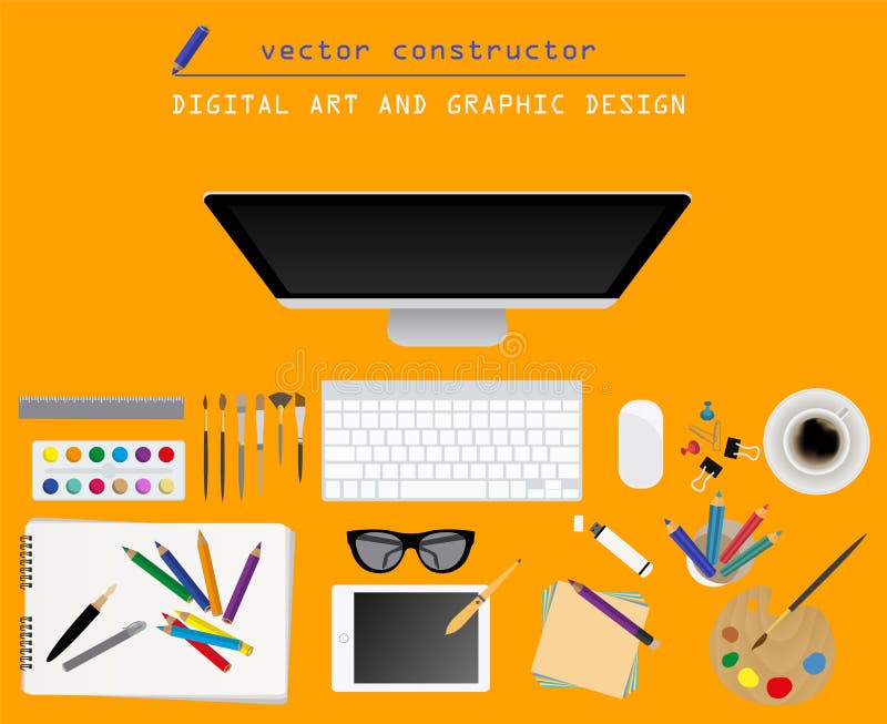 Digital Art and Graphic Design. Working Place in Flat Design Stock ...