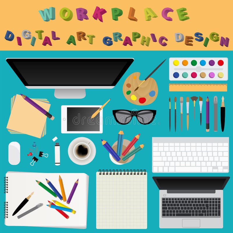 Digital Art and Graphic Design. Working Place in Flat Design Stock ...
