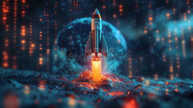 A Rocket Launching from a Planets Surface with Earth in the Background ...