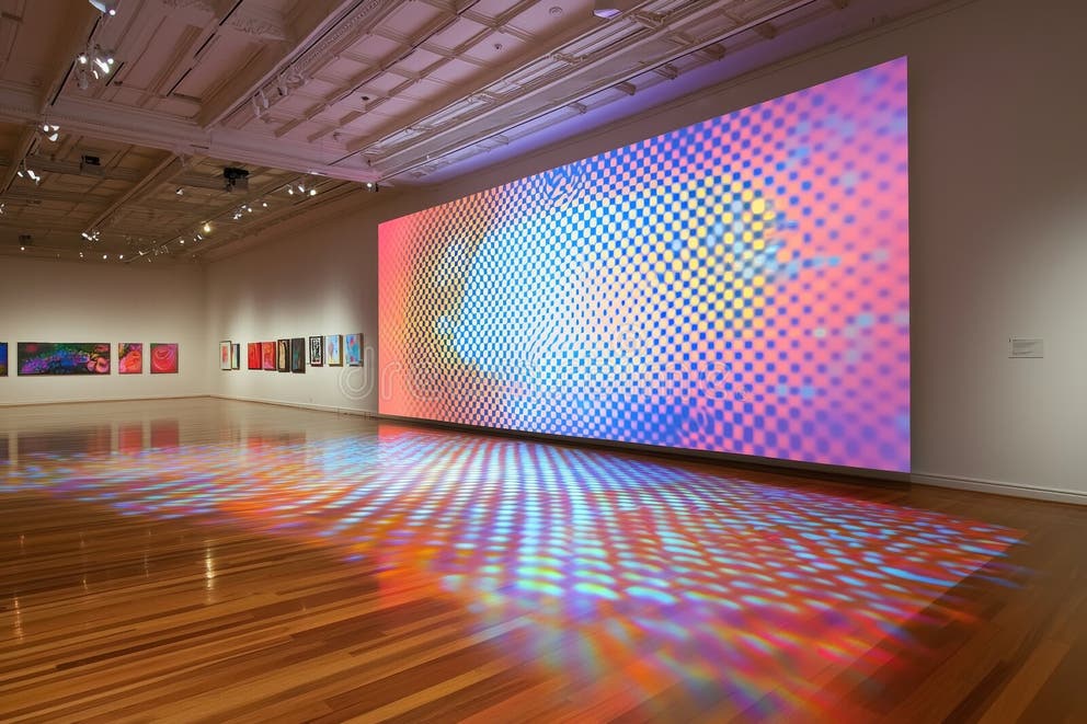 A Digital Art Installation in a Modern Art Museum Featuring Abstract ...