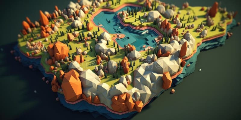 Digital Art of Low-poly 3D Map with a River Winding through Landscapes ...
