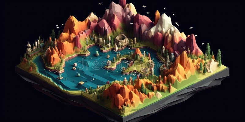 Digital Art of Low-poly 3D Map with a River Winding through Landscapes ...