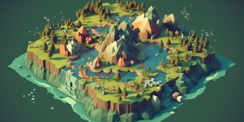 Digital Art of Low-poly 3D Map with a River Winding through Landscapes ...