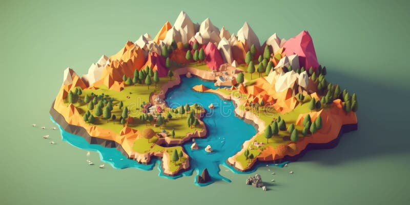 Digital Art of Low-poly 3D Map with a River Winding through Landscapes ...
