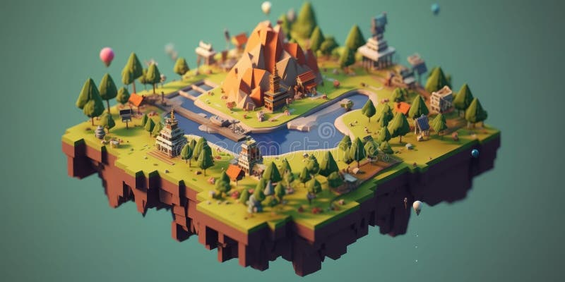 Digital Art of Low-poly 3D Map with a River Winding through Landscapes ...