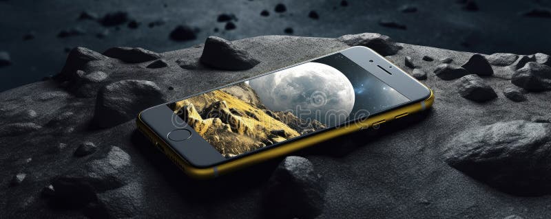 Digital Art of Mobile Phone Placet on Rocky in the Lunar Surface ...