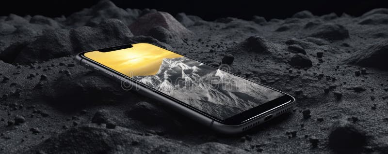 Digital Art of Mobile Phone Placet on Rocky in the Lunar Surface ...