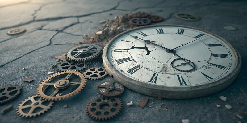 A Digital Art Piece Depicting a Shattered Clock Face with Gears and ...