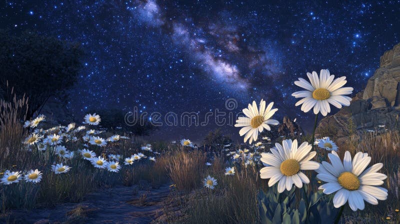 This Digital Art Piece Depicts a Celestial Garden at Night Stock Image ...