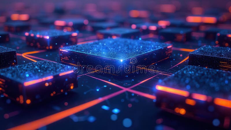 A Futuristic Grid of Computer Chips Glowing with Blue and Red Lights in ...