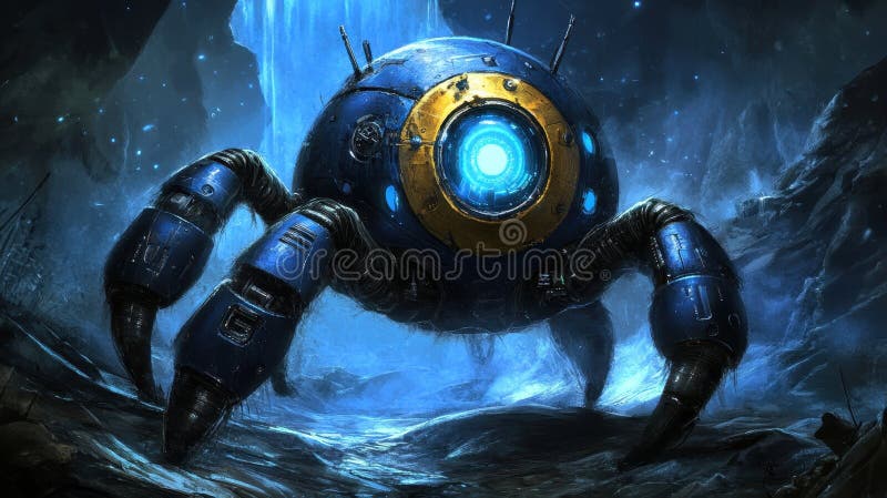 A Blue Metallic Robot Creature with Glowing Orb Eyes Stock Illustration ...